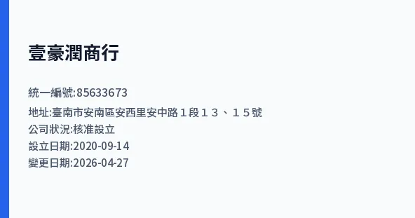 壹豪潤商行的照片-統編 85633673(臺南市) 公司登記資料與營業項目詳細圖表