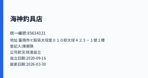 海神釣具店的照片-統編 85634321(臺南市) 公司登記資料與營業項目詳細圖表