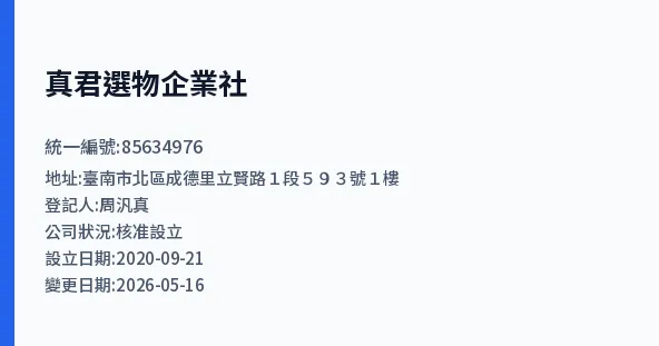 真君選物企業社的照片-統編 85634976(臺南市) 公司登記資料與營業項目詳細圖表