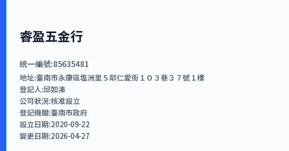 睿盈五金行的照片-統編 85635481(臺南市) 公司登記資料與營業項目詳細圖表