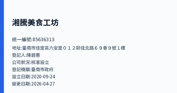 湘騰美食工坊的照片-統編 85636313(臺南市) 公司登記資料與營業項目詳細圖表
