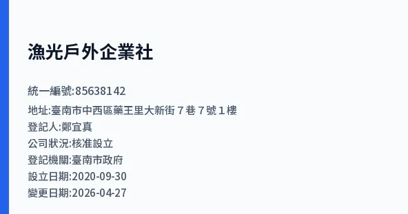 漁光戶外企業社的照片-統編 85638142(臺南市) 公司登記資料與營業項目詳細圖表