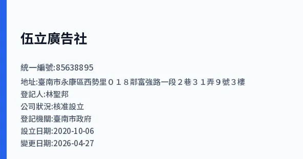 伍立廣告社的照片-統編 85638895(臺南市) 公司登記資料與營業項目詳細圖表