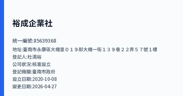 裕成企業社的照片-統編 85639368(臺南市) 公司登記資料與營業項目詳細圖表