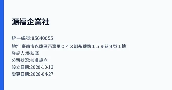 源福企業社的照片-統編 85640055(臺南市) 公司登記資料與營業項目詳細圖表