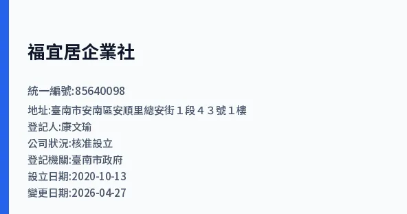 福宜居企業社的照片-統編 85640098(臺南市) 公司登記資料與營業項目詳細圖表