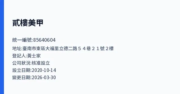 貳樓美甲的照片-統編 85640604(臺南市) 公司登記資料與營業項目詳細圖表