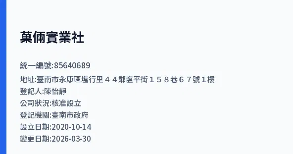 菓倆實業社的照片-統編 85640689(臺南市) 公司登記資料與營業項目詳細圖表