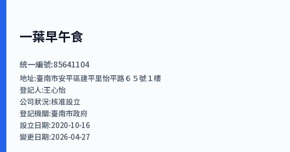 一葉早午食的照片-統編 85641104(臺南市) 公司登記資料與營業項目詳細圖表