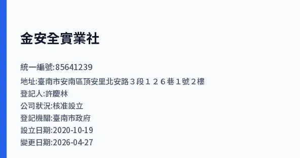 金安全實業社的照片-統編 85641239(臺南市) 公司登記資料與營業項目詳細圖表