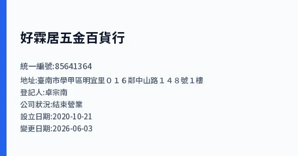 好霖居五金百貨行的照片-統編 85641364(臺南市) 公司登記資料與營業項目詳細圖表