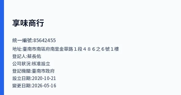 享味商行的照片-統編 85642455(臺南市) 公司登記資料與營業項目詳細圖表