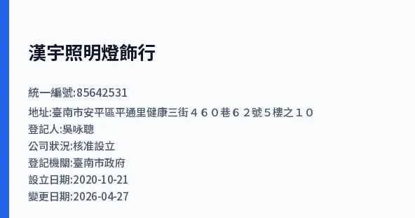 漢宇照明燈飾行的照片-統編 85642531(臺南市) 公司登記資料與營業項目詳細圖表