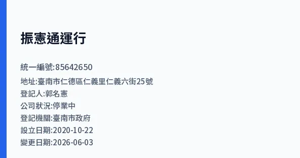 振憲通運行的照片-統編 85642650(臺南市) 公司登記資料與營業項目詳細圖表