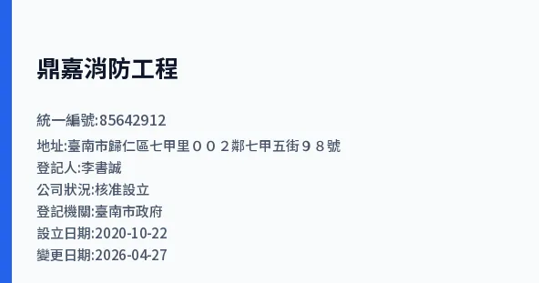鼎嘉消防工程的照片-統編 85642912(臺南市) 公司登記資料與營業項目詳細圖表