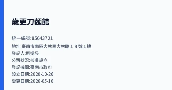 歲更刀麵館的照片-統編 85643721(臺南市) 公司登記資料與營業項目詳細圖表