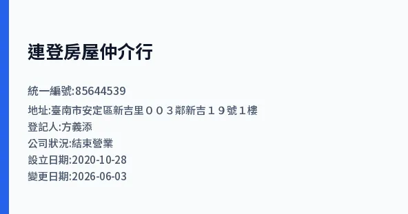 連登房屋仲介行的照片-統編 85644539(臺南市) 公司登記資料與營業項目詳細圖表