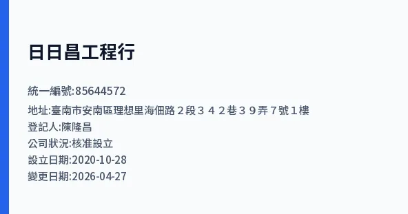 日日昌工程行的照片-統編 85644572(臺南市) 公司登記資料與營業項目詳細圖表