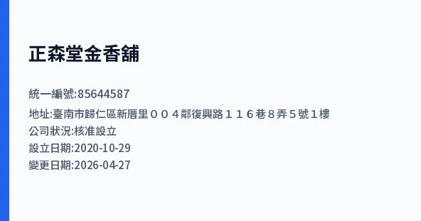 正森堂金香舖的照片-統編 85644587(臺南市) 公司登記資料與營業項目詳細圖表