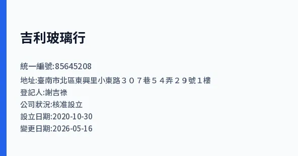 吉利玻璃行的照片-統編 85645208(臺南市) 公司登記資料與營業項目詳細圖表