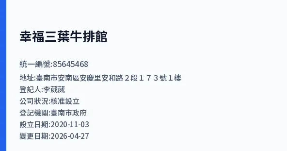 幸福三葉牛排館的照片-統編 85645468(臺南市) 公司登記資料與營業項目詳細圖表