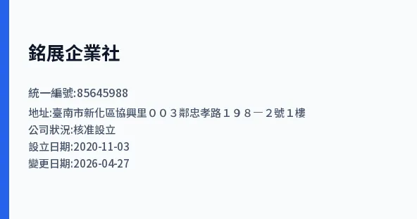銘展企業社的照片-統編 85645988(臺南市) 公司登記資料與營業項目詳細圖表