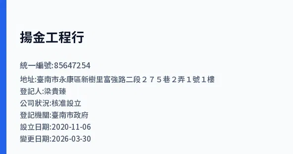 揚金工程行的照片-統編 85647254(臺南市) 公司登記資料與營業項目詳細圖表