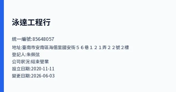 泳達工程行的照片-統編 85648057(臺南市) 公司登記資料與營業項目詳細圖表