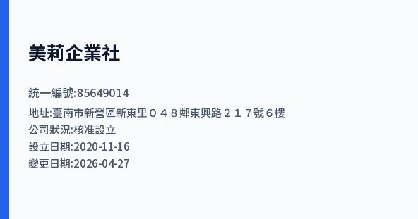 美莉企業社的照片-統編 85649014(臺南市) 公司登記資料與營業項目詳細圖表