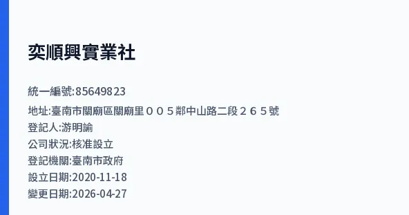 奕順興實業社的照片-統編 85649823(臺南市) 公司登記資料與營業項目詳細圖表