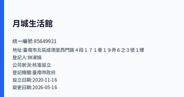 月城生活館的照片-統編 85649921(臺南市) 公司登記資料與營業項目詳細圖表