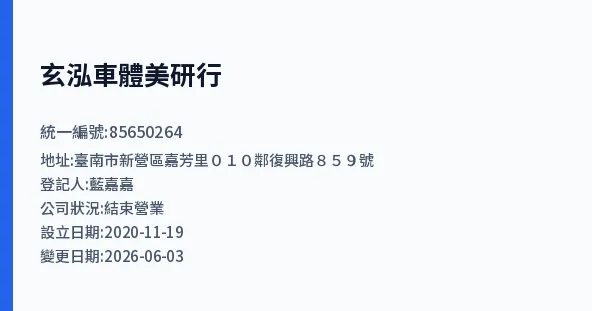 玄泓車體美研行的照片-統編 85650264(臺南市) 公司登記資料與營業項目詳細圖表