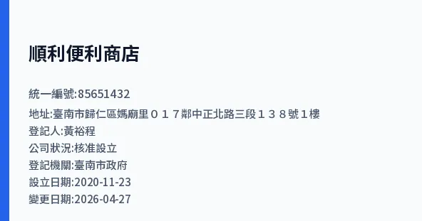 順利便利商店的照片-統編 85651432(臺南市) 公司登記資料與營業項目詳細圖表