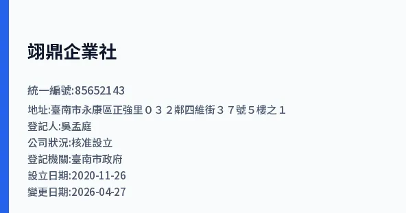 翊鼎企業社的照片-統編 85652143(臺南市) 公司登記資料與營業項目詳細圖表