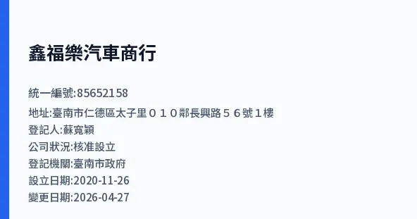 鑫福樂汽車商行的照片-統編 85652158(臺南市) 公司登記資料與營業項目詳細圖表