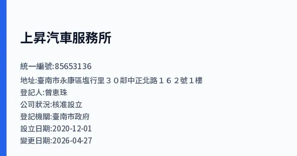 上昇汽車服務所的照片-統編 85653136(臺南市) 公司登記資料與營業項目詳細圖表