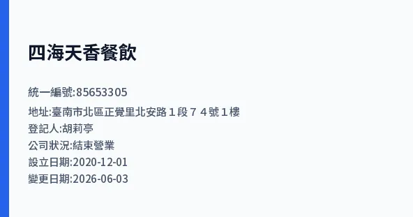 四海天香餐飲的照片-統編 85653305(臺南市) 公司登記資料與營業項目詳細圖表