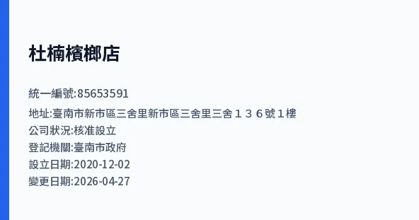 杜楠檳榔店的照片-統編 85653591(臺南市) 公司登記資料與營業項目詳細圖表