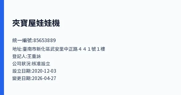 夾寶屋娃娃機的照片-統編 85653889(臺南市) 公司登記資料與營業項目詳細圖表