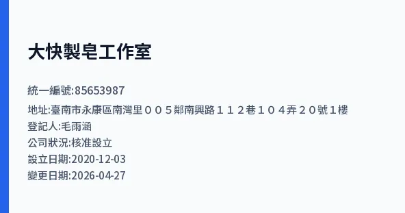 大快製皂工作室的照片-統編 85653987(臺南市) 公司登記資料與營業項目詳細圖表