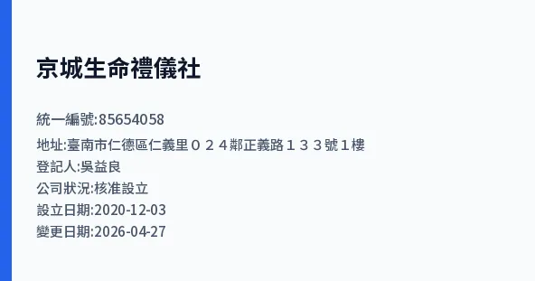 京城生命禮儀社的照片-統編 85654058(臺南市) 公司登記資料與營業項目詳細圖表