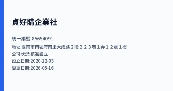 貞好購企業社的照片-統編 85654091(臺南市) 公司登記資料與營業項目詳細圖表
