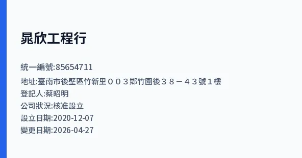 晁欣工程行的照片-統編 85654711(臺南市) 公司登記資料與營業項目詳細圖表