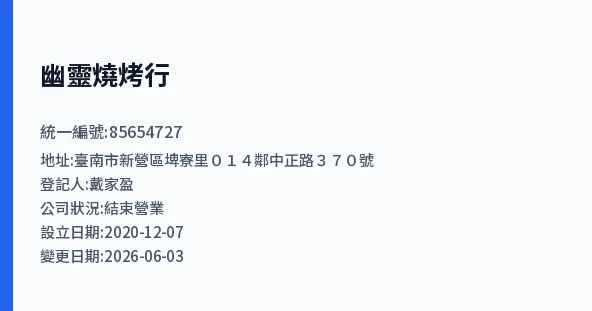 幽靈燒烤行的照片-統編 85654727(臺南市) 公司登記資料與營業項目詳細圖表