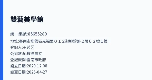 雙藝美學館的照片-統編 85655280(臺南市) 公司登記資料與營業項目詳細圖表
