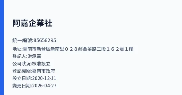 阿嘉企業社的照片-統編 85656295(臺南市) 公司登記資料與營業項目詳細圖表