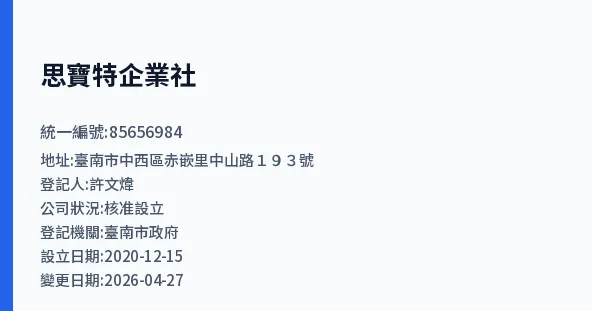 思寶特企業社的照片-統編 85656984(臺南市) 公司登記資料與營業項目詳細圖表