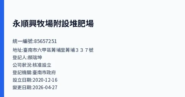永順興牧場附設堆肥場的照片-統編 85657251(臺南市) 公司登記資料與營業項目詳細圖表