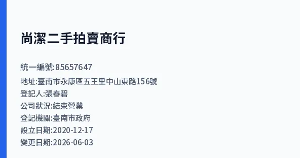 尚潔二手拍賣商行的照片-統編 85657647(臺南市) 公司登記資料與營業項目詳細圖表