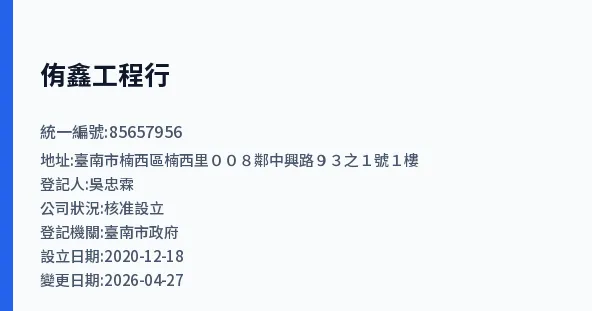 侑鑫工程行的照片-統編 85657956(臺南市) 公司登記資料與營業項目詳細圖表